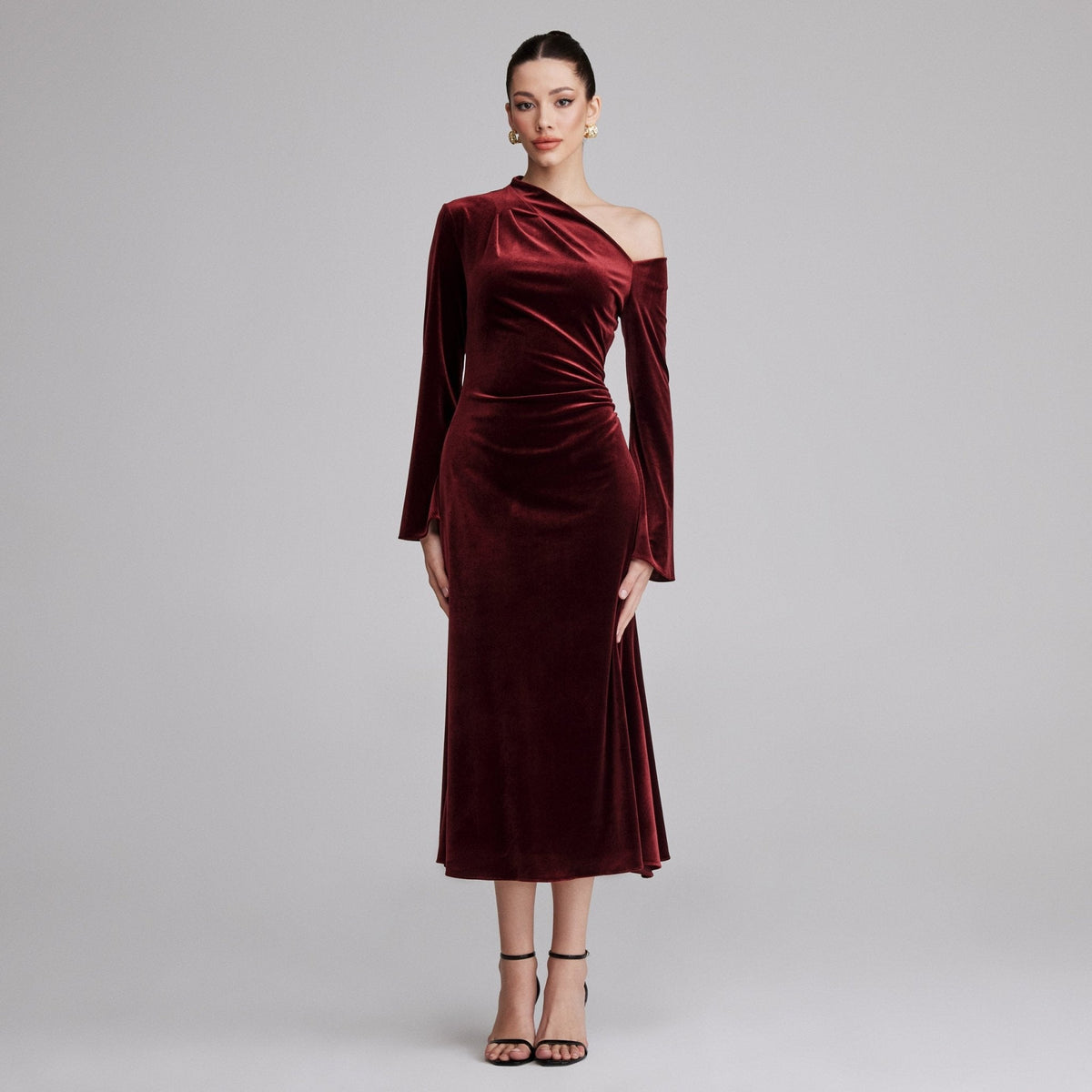 Burgundy Bare Shoulder Velvet Midi Dress – shopaleena