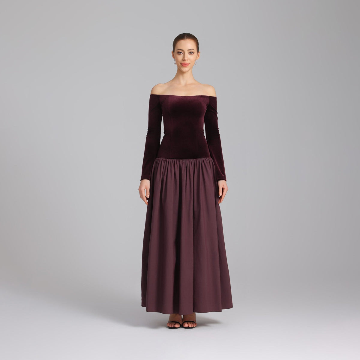 Burgundy Dropped Shoulder A-line Velvet-Taffeta Dress – shopaleena