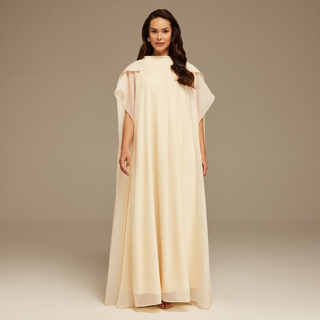 Light yellow Halter Neckline Maxi Dress With Cape with scarf – shopaleena
