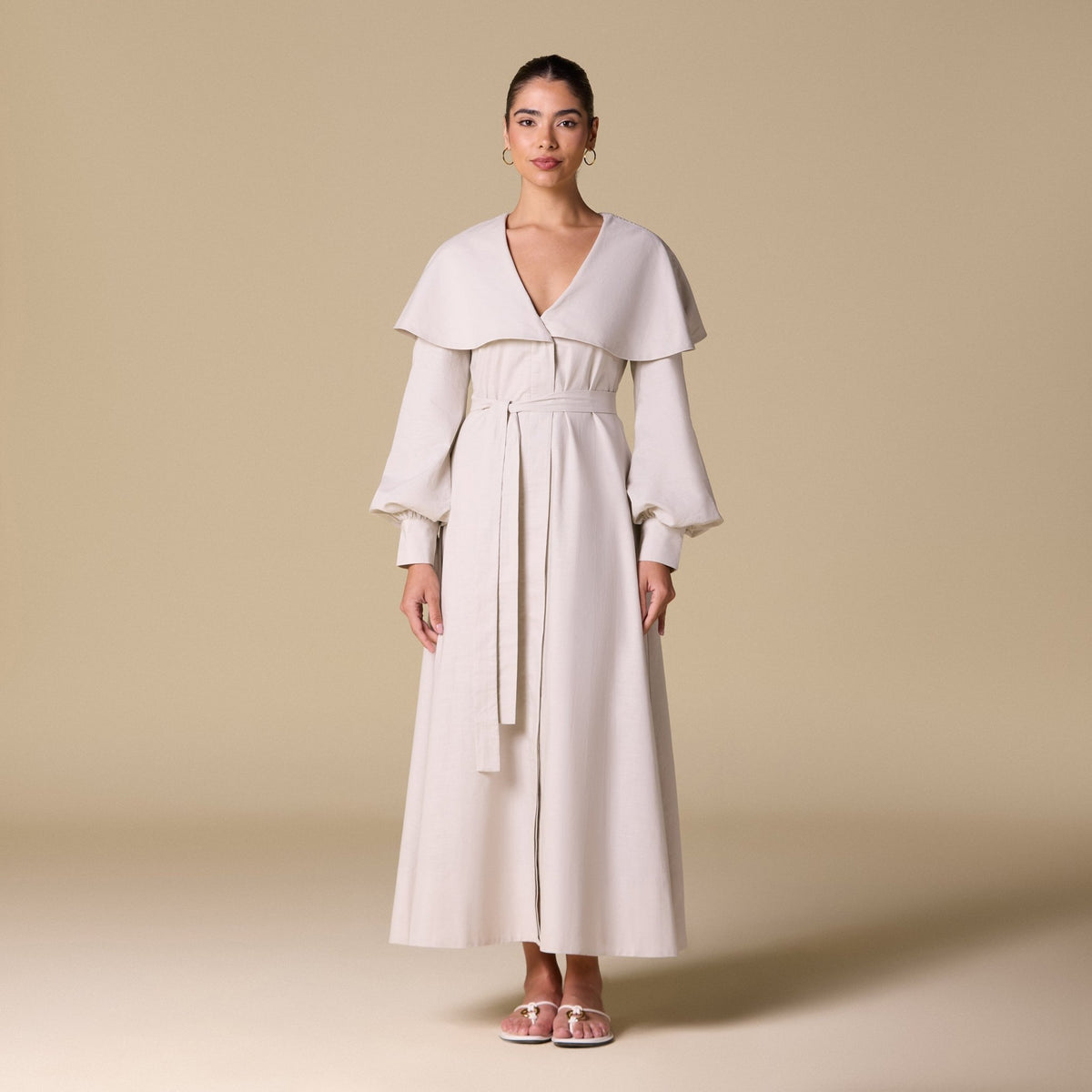 Linen Blend Wide Folded Collar Midi Dress – shopaleena