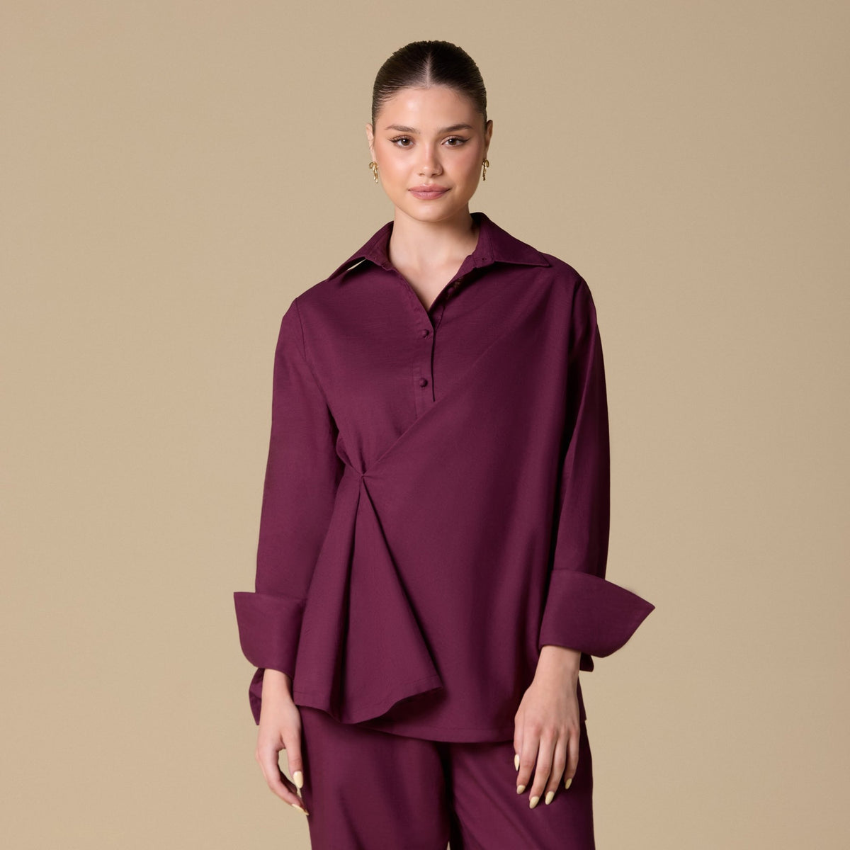 Burgundy Linen Cuffed Shirt with Side Button – shopaleena