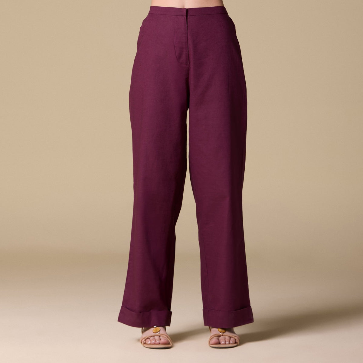 Burgundy Linen Folded Hem Wide Leg Pants – shopaleena