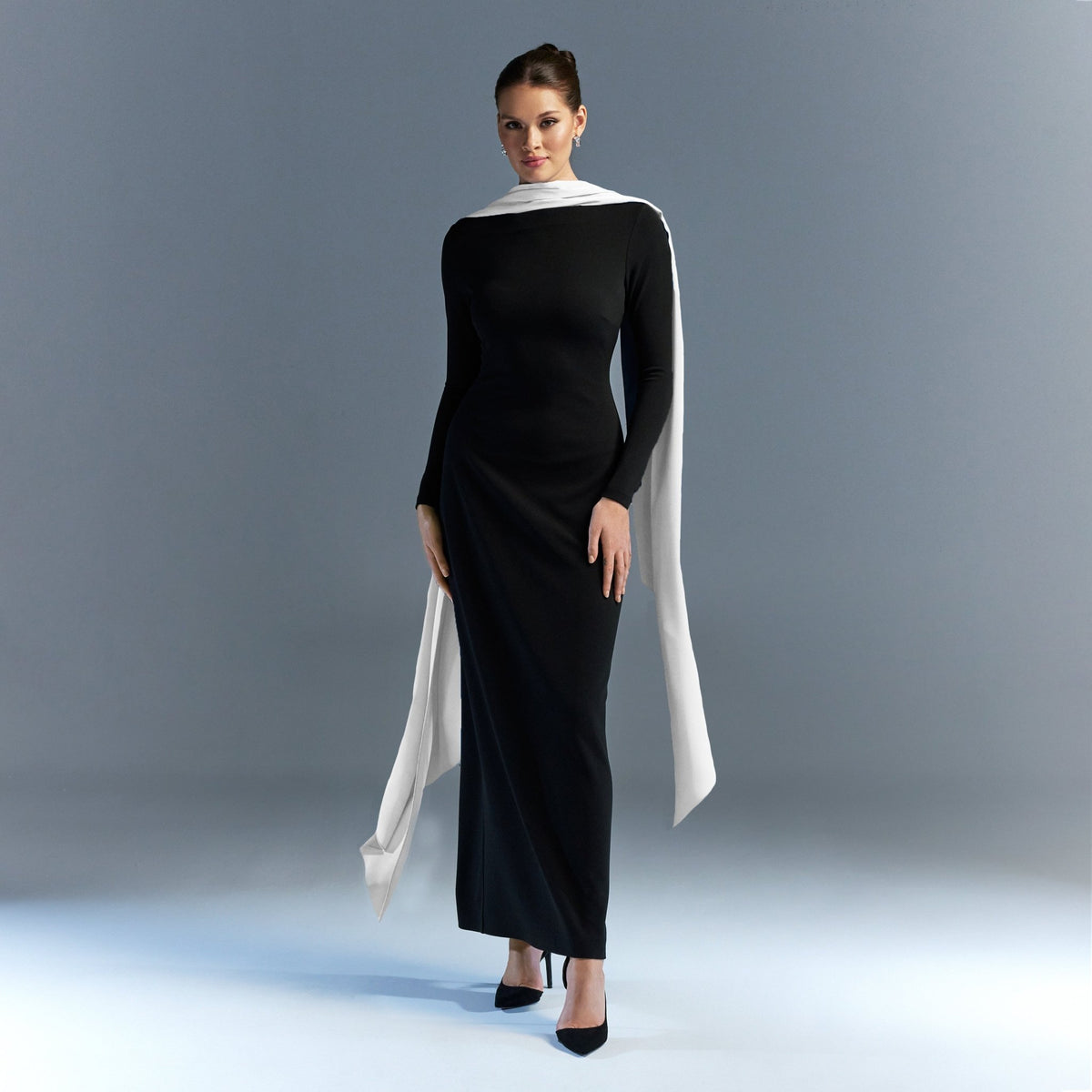 Long sleeve crepe dress with satin scarf – shopaleena