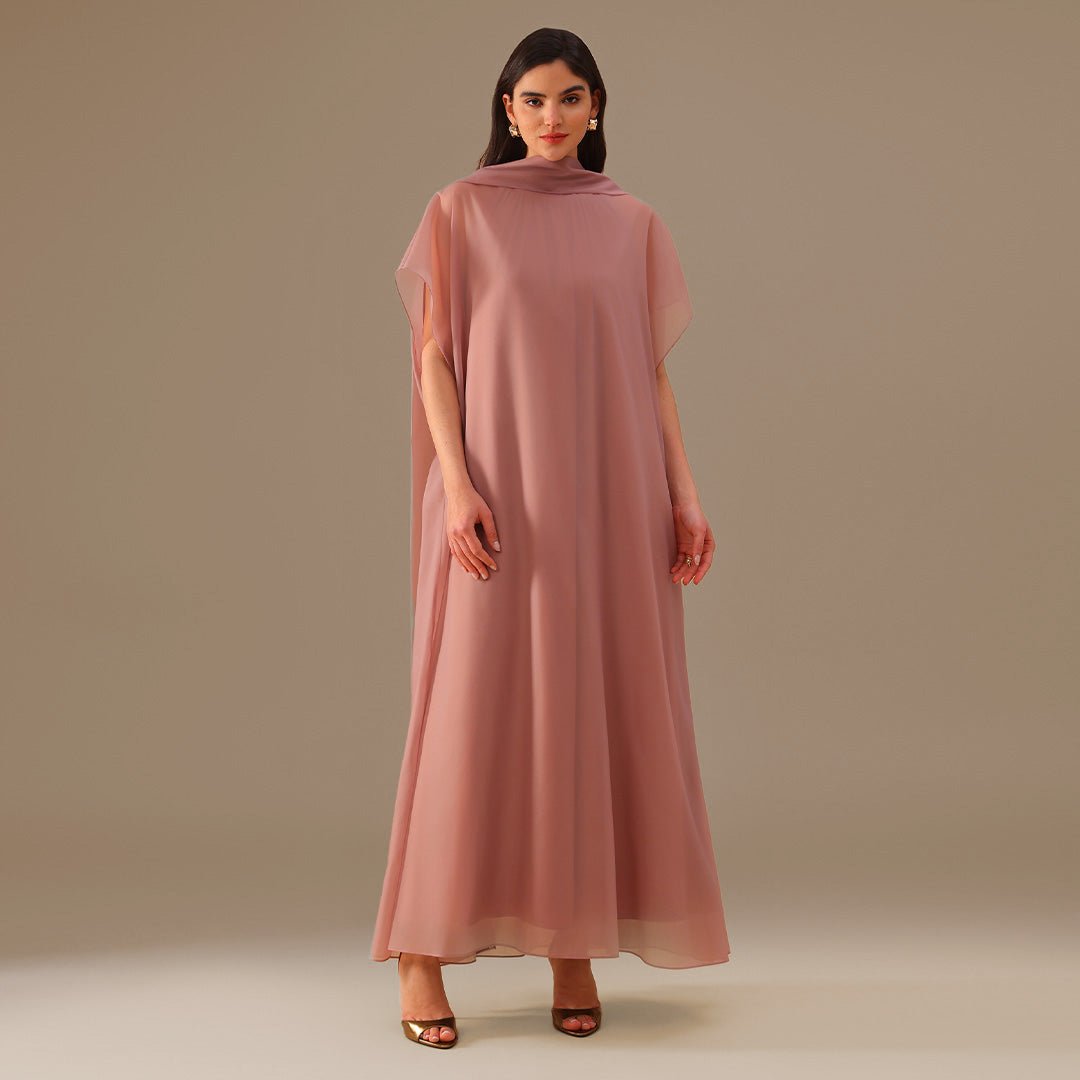 Muted Clay Halter Neckline Maxi Dress With Cape with scarf – shopaleena