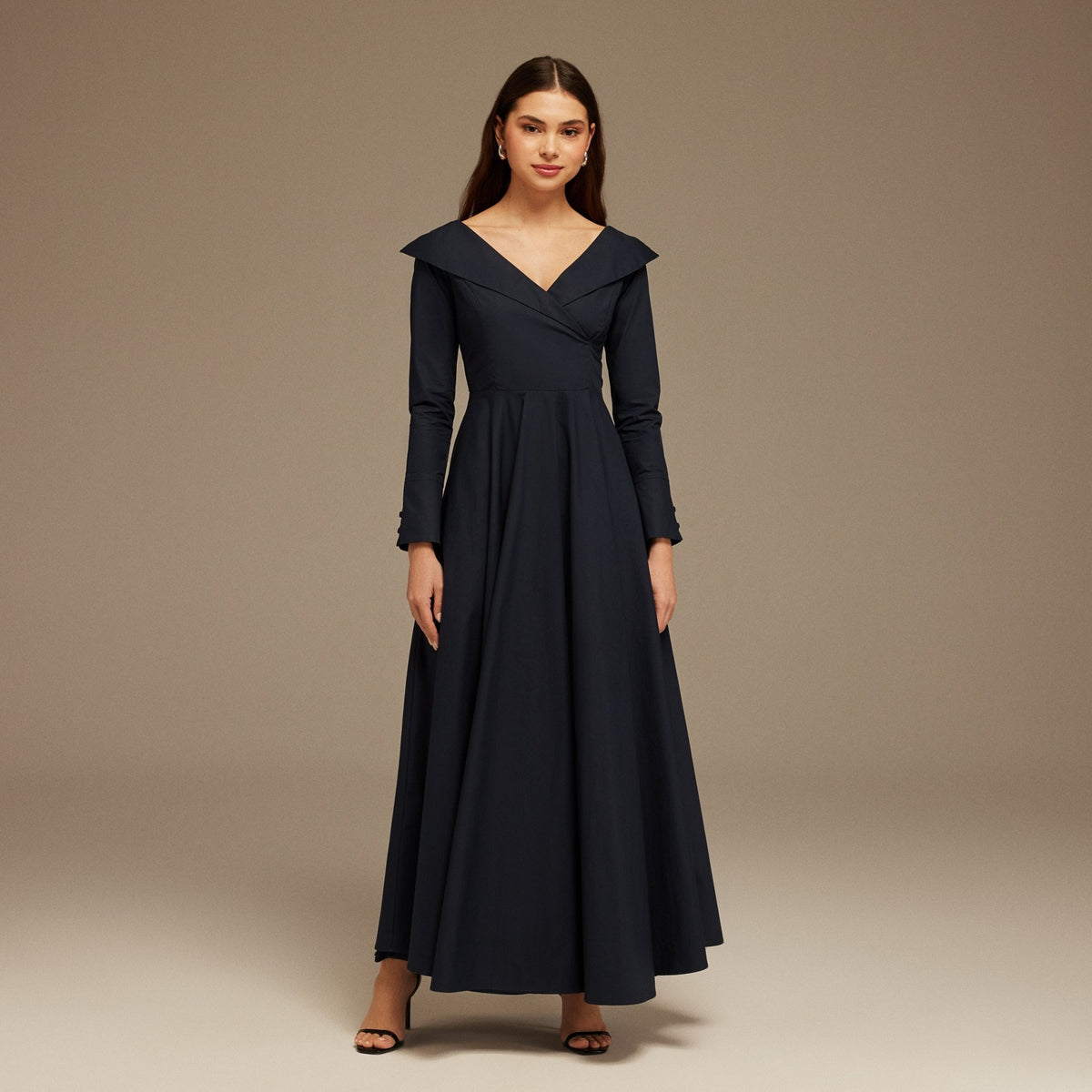 Navy Blue Wide V Neck Long Sleeve Maxi Dress – shopaleena