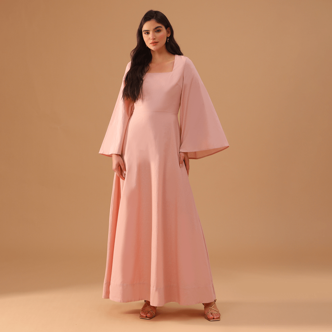 Linen Square Neck Long Flared Sleeve Dress – shopaleena