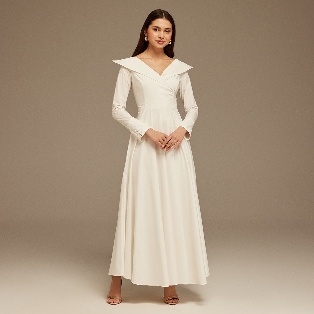 White Wide V Neck Long Sleeve Maxi Dress – shopaleena