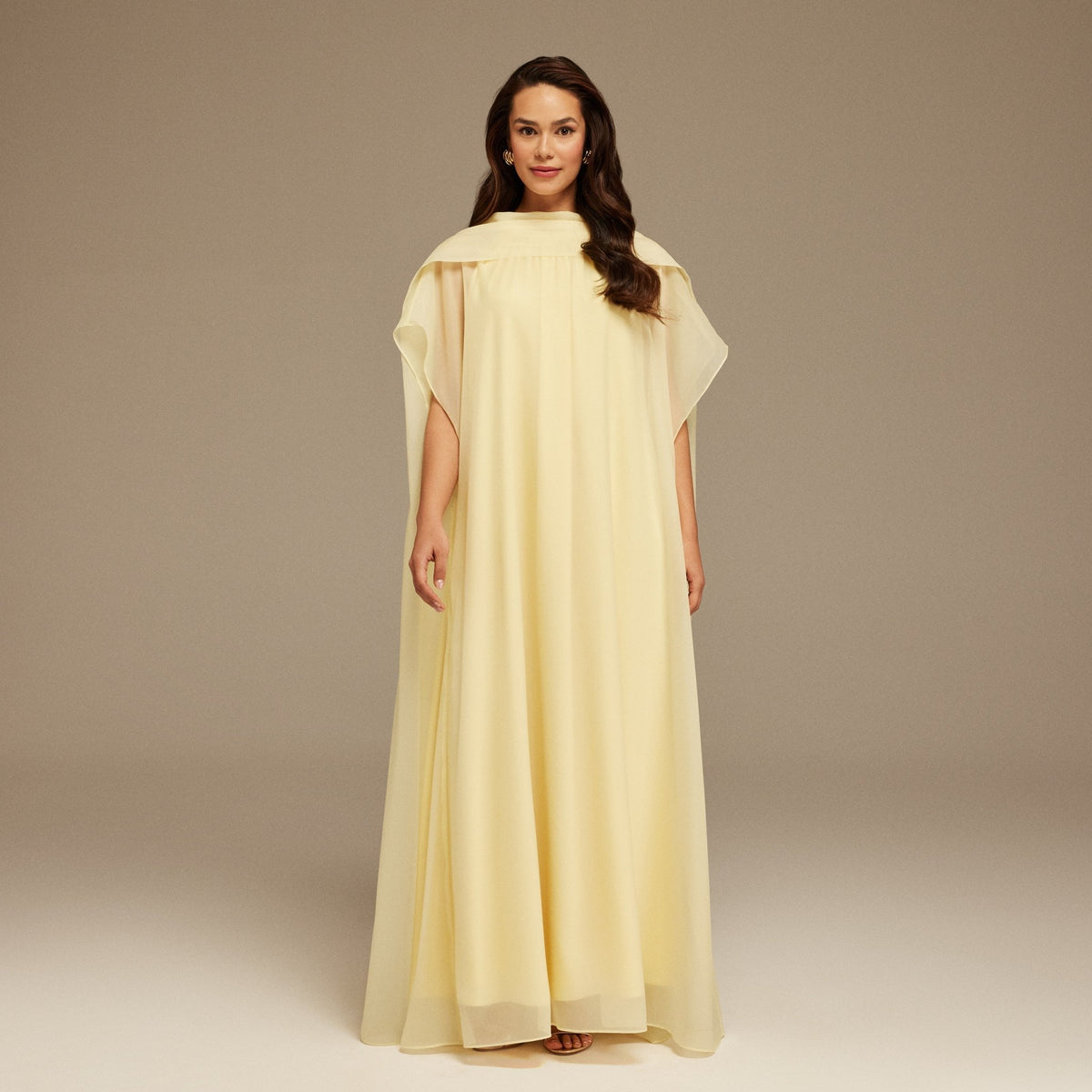 Yellow Halter Neckline Maxi Dress With Cape with scarf – shopaleena