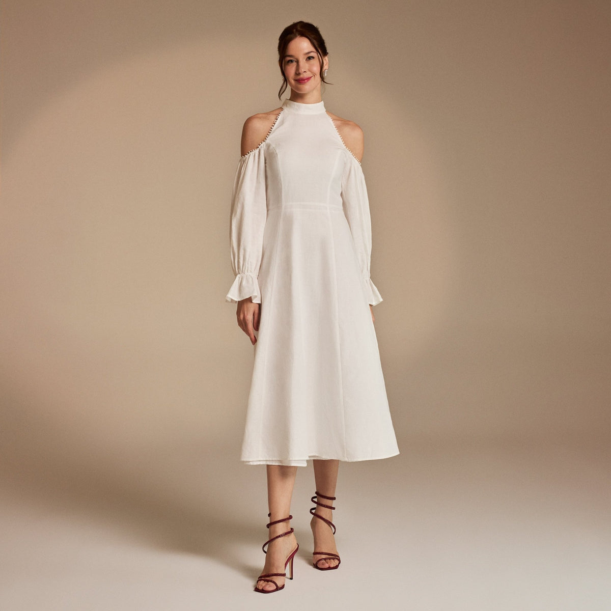 Off White Cold Shoulder Long Poet Sleeve Midi Dress – shopaleena