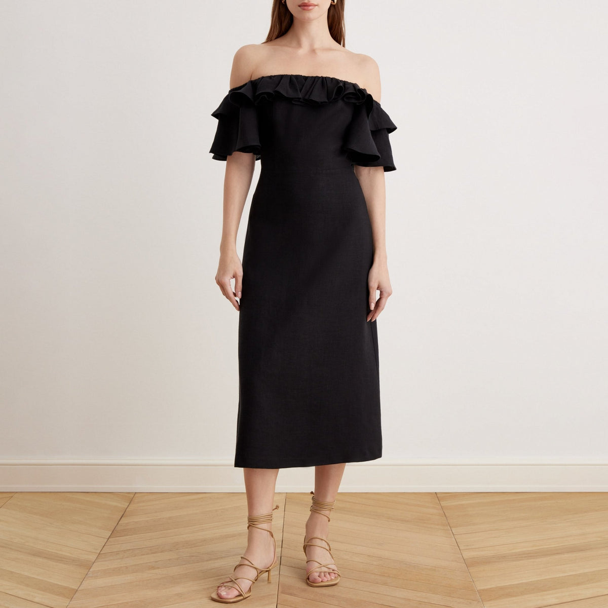 Frill Off Shoulder Midi Dress in Linen – shopaleena