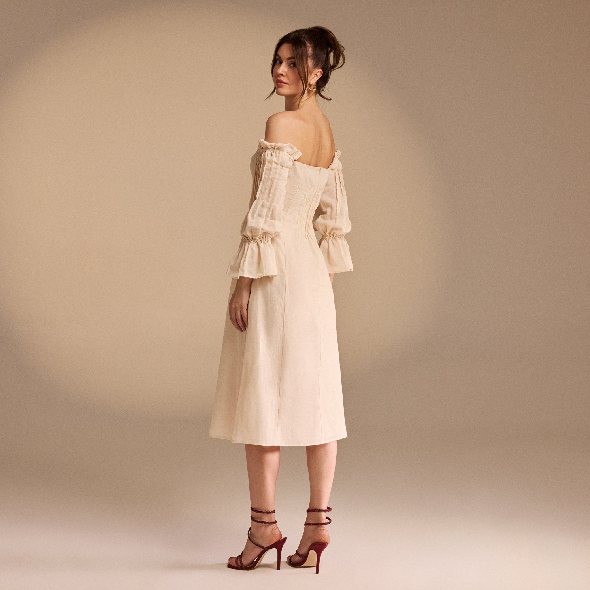 Off Shoulder Puff Sleeve Midi Dress in Linen Cotton Blend – shopaleena